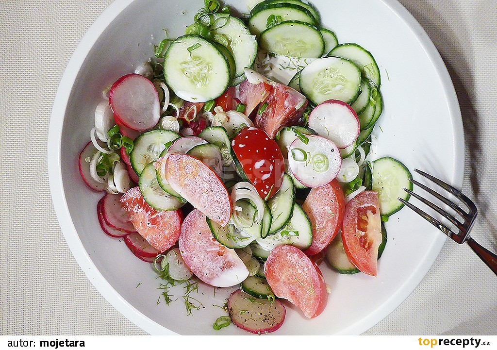 Ředkvičkový salát s okurkou, rajčaty a smetanou recept - TopRecepty.cz